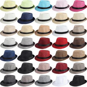 35 pack short brim straw hats unisex summer beach sun hat bulk classic trilby hat with black band cotton sun straw hat panama cap for man woman 35 colors