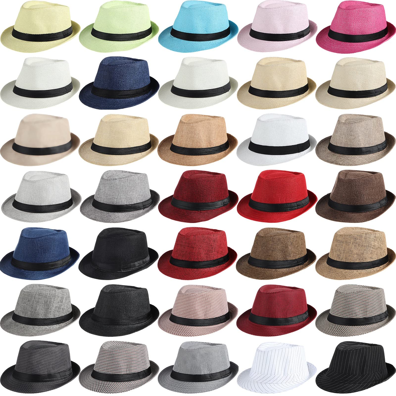 35 Pack Short Brim Straw Hats Unisex Summer Beach Sun Hat Bulk Classic Trilby Hat with Black Band Cotton Sun Straw Hat Panama Cap for Man Woman 35 Colors