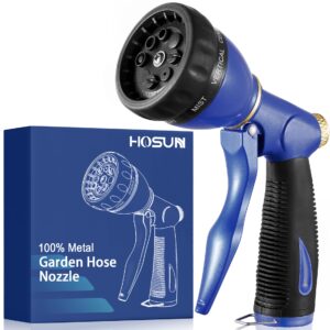 hosun garden hose sprayer nozzle 100% heavy duty metal, water hose nozzle with 8 different spray patterns, high pressure hose spray nozzle for watering plant & lawn, washing car & pet blue