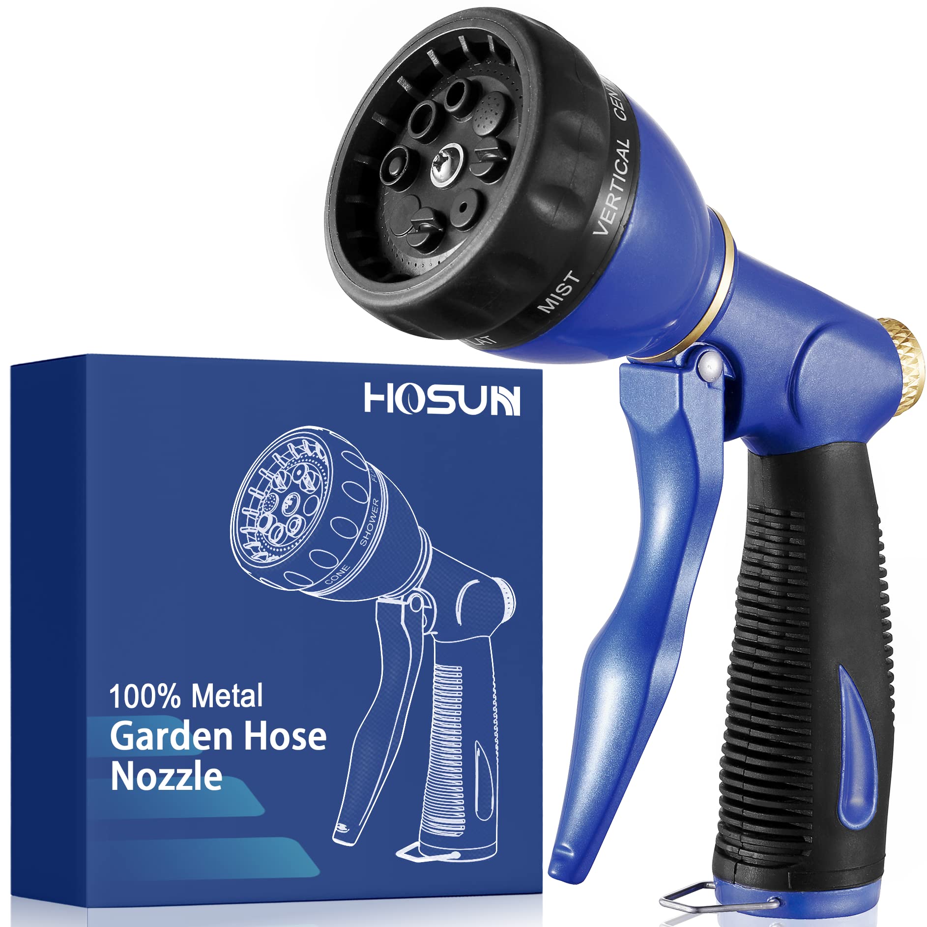 HOSUN Garden Hose Sprayer Nozzle 100% Heavy Duty Metal, Water Hose Nozzle with 8 Different Spray Patterns, High Pressure Hose Spray Nozzle for Watering Plant & Lawn, Washing Car & Pet Blue