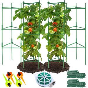 megidok tomato cages - garden plant stakes support (4 pack 49"/3 pack 67") with 164ft plant ties&40pcs plant clips&4 watering drip devices for climbing plants vegetable