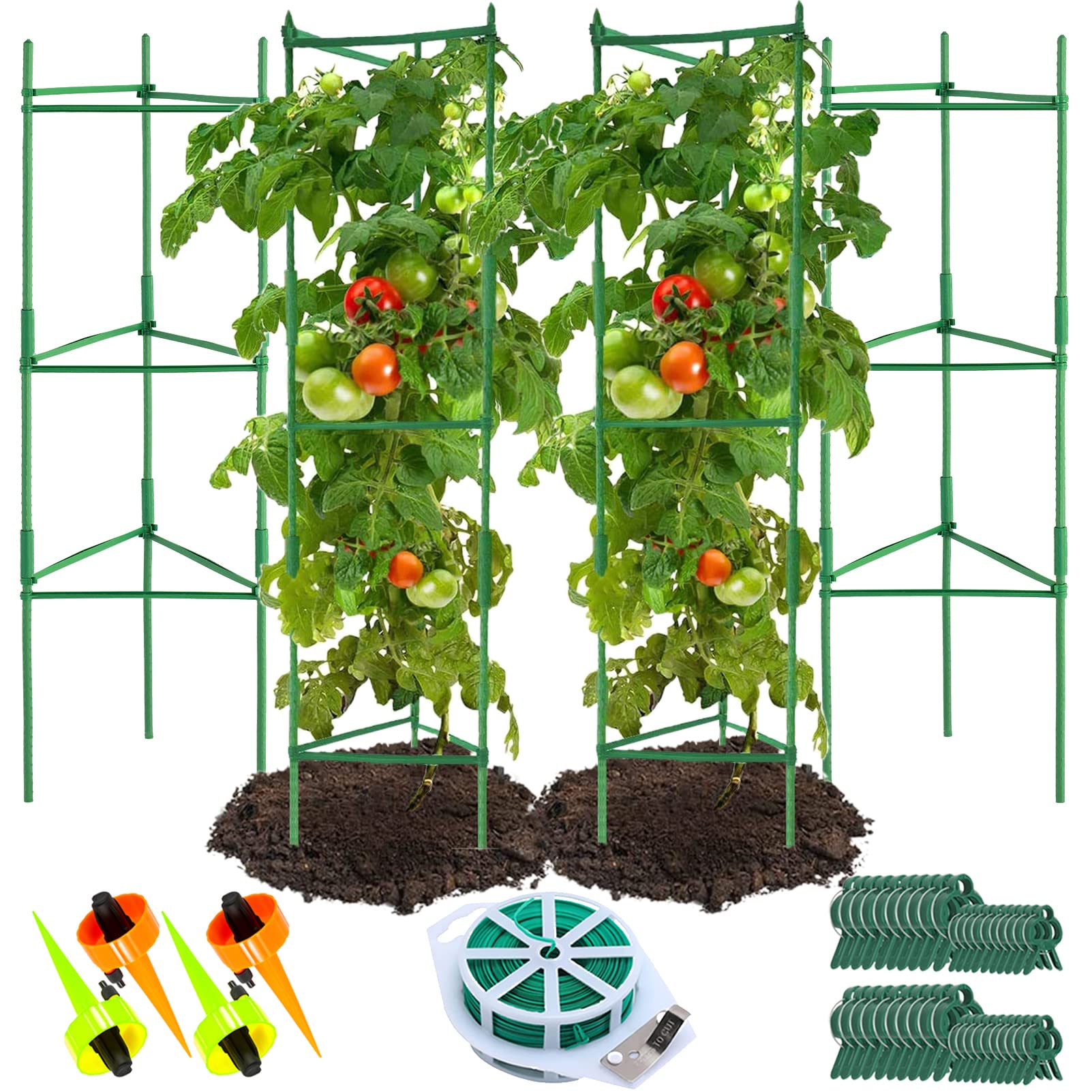 Megidok Tomato Cages - Garden Plant Stakes Support (4 Pack 49"/3 Pack 67") with 164ft Plant Ties&40Pcs Plant Clips&4 Watering Drip Devices for Climbing Plants Vegetable