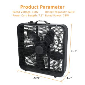 InfiniPower 20” Box Fan, 3-Speed Cooling Floor Fan with Aerodynamic Shaped Fan Blades, Convenient Carry Handle and Safety Grills, Black