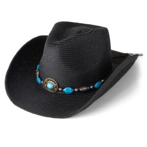 lisianthus straw cowboy hat for women & men western cowgirl hat with wide brim blue bead-black