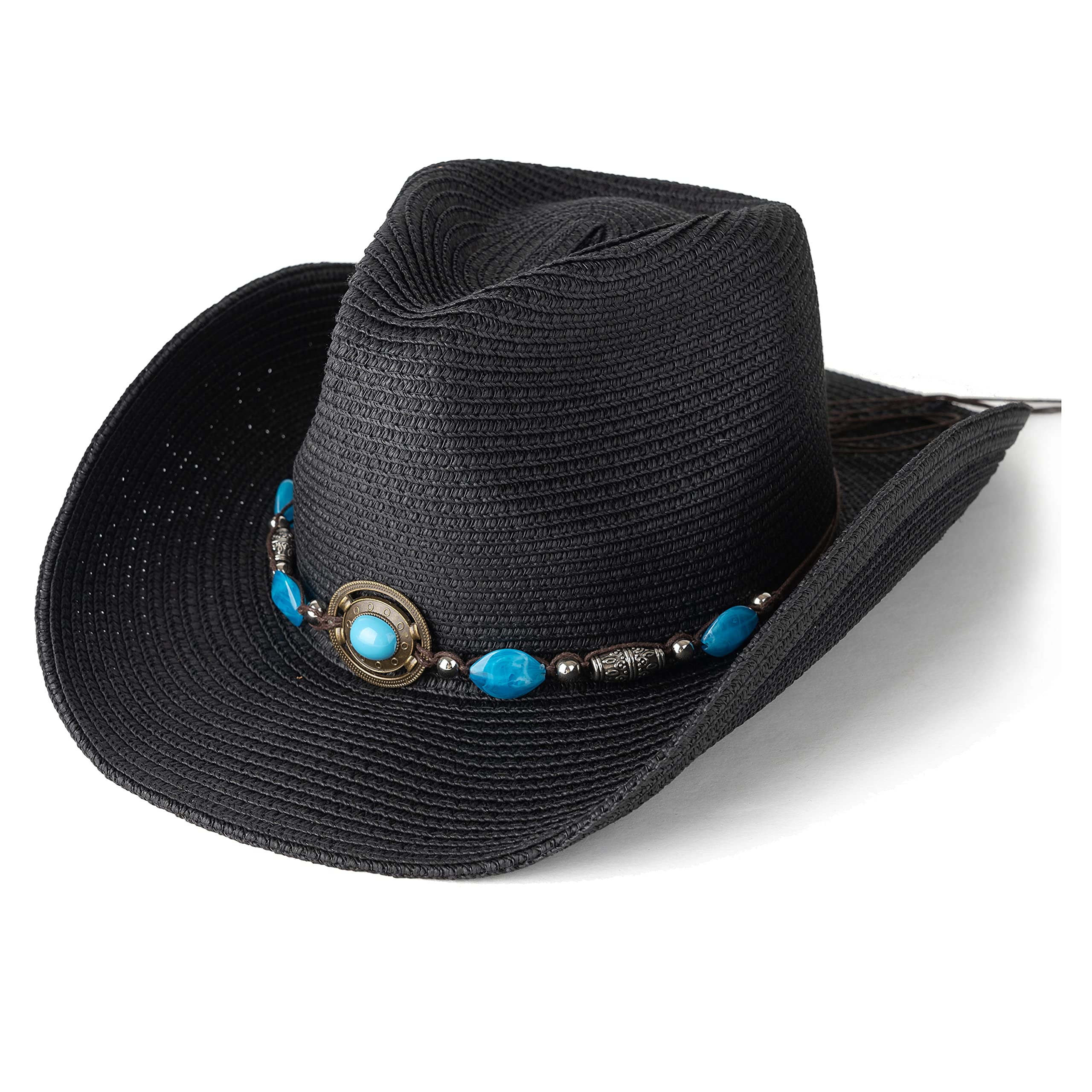 Lisianthus Straw Cowboy Hat for Women & Men Western Cowgirl Hat with Wide Brim Blue Bead-Black