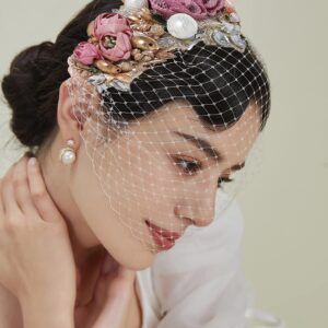 BABEYOND 1920s Fascinator Mesh Flower Pearl Veil Headband Bridal Wedding Tea Party Fascinator Veil for Women