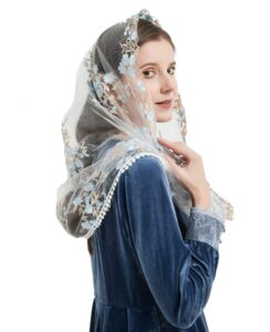 yurongsxt lace infinity chapel veil mantilla veil multicolored embroidered cherry blossom style latin mass m7 (marian blue+pale gold)