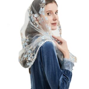 YuRongsxt Lace Infinity Chapel Veil Mantilla Veil Multicolored Embroidered Cherry Blossom Style Latin Mass M7 (Marian Blue+Pale Gold)