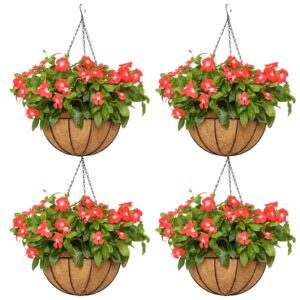 8 inch Metal Hanging Baskets For Plants Outdoor 4 Pack Round Metal Wire Hanging Basket Planter with Coco Fiber Liners Chain Round Wire Plant Holder for Garden, Patio, Deck, Porch Plants Flower Potss