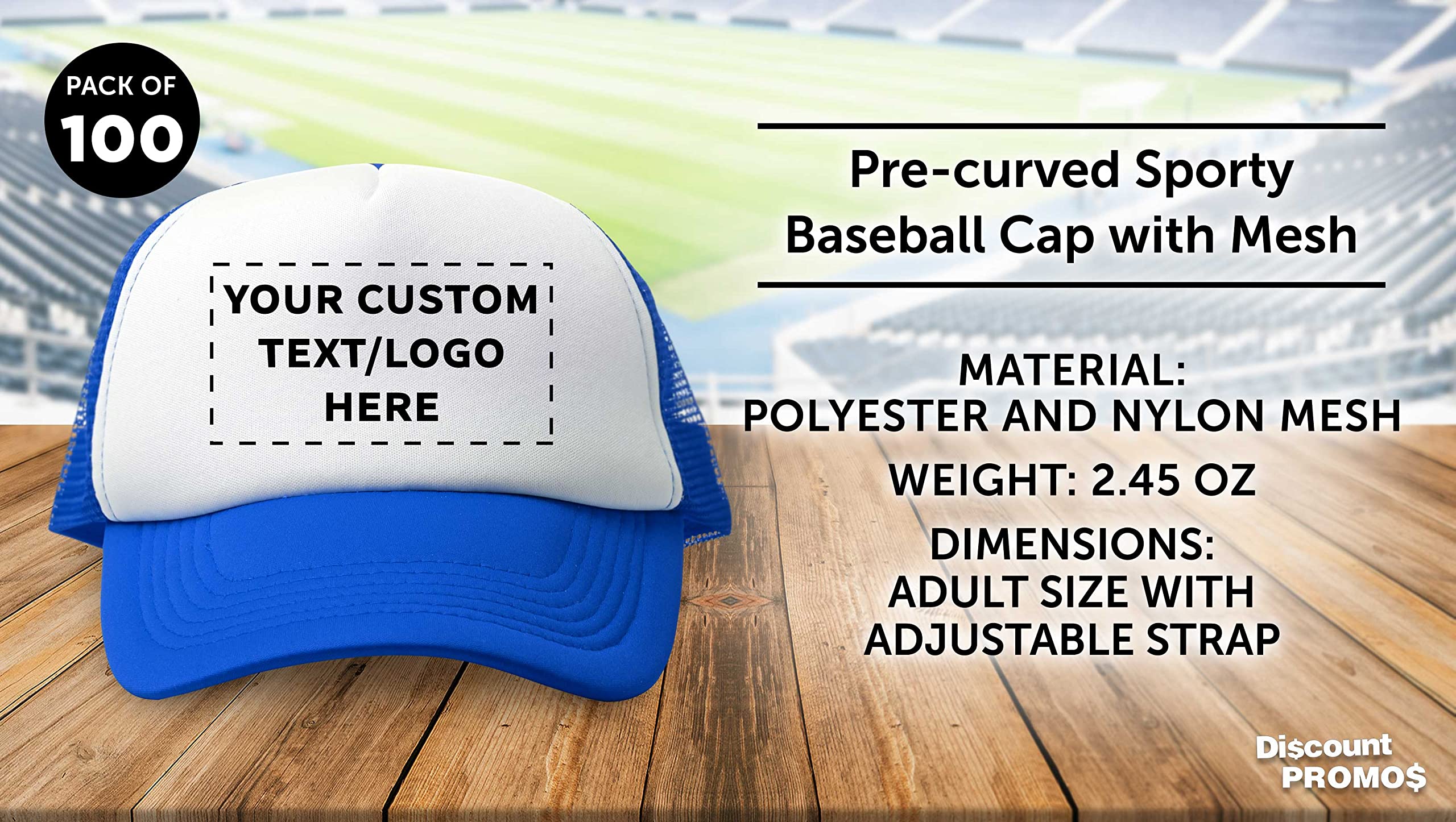 100 Fly Ball Structured Mesh Caps Set - Customizable Text, Logo - Casual, Sporty, Adjustable, Breathable, Comfortable - Blue