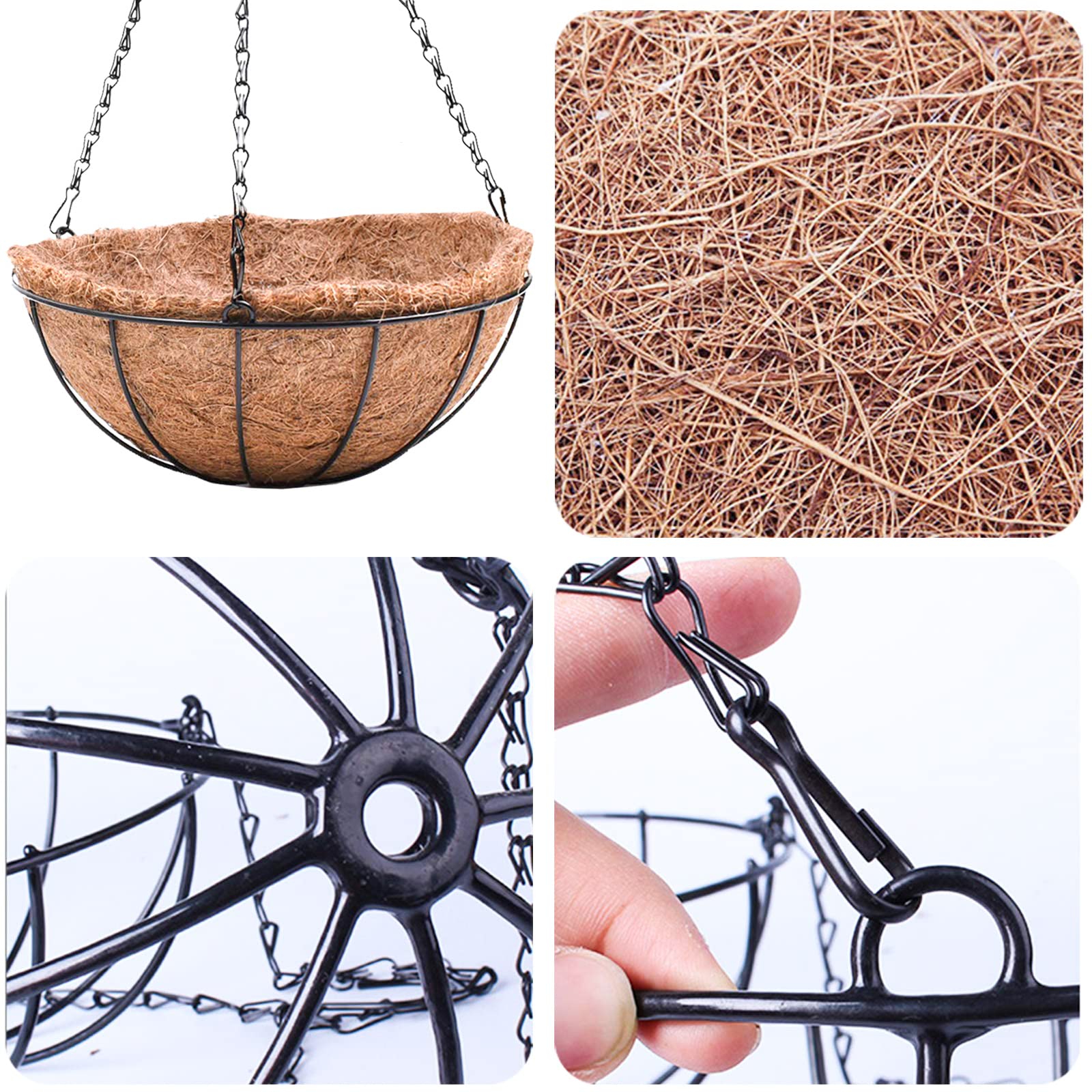 8 inch Metal Hanging Baskets For Plants Outdoor 4 Pack Round Metal Wire Hanging Basket Planter with Coco Fiber Liners Chain Round Wire Plant Holder for Garden, Patio, Deck, Porch Plants Flower Potss