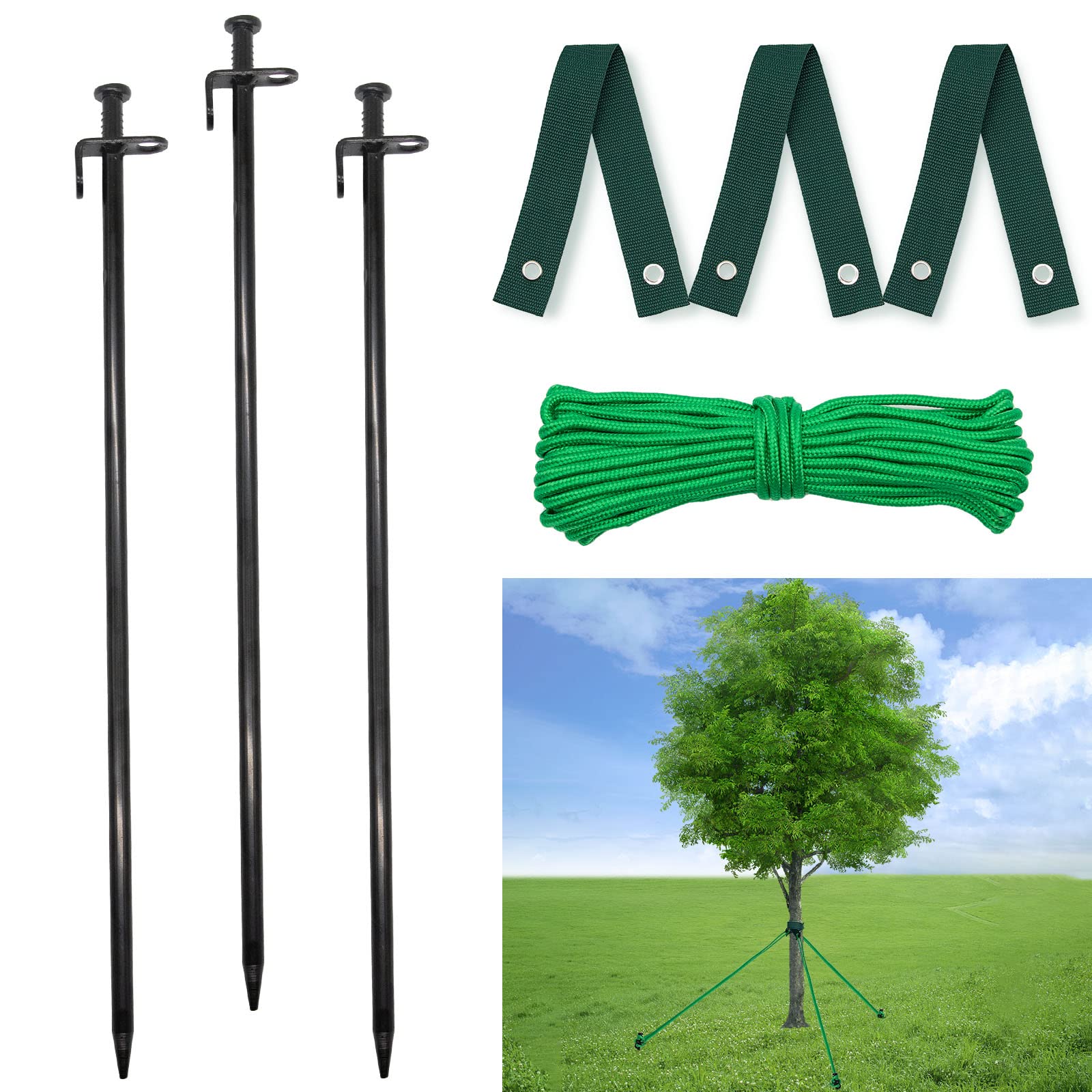 Heavy Duty Tree Stakes and Supports Kit, 3 Pcs 15.8" Tree Straightening for Leaning Tree Hurricane Protection. Include 3 PCS 15.8" Steel Tree Stakes, 3 PCS 15.8" Tree Straps 32.8 FT Rope