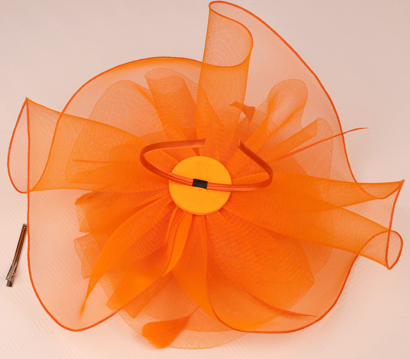 TLMNU Sinamay Fascinator Hat Floral Feather Pillbox Derby Hats for Women Wedding Tea Party with Headband Clip 01Orange