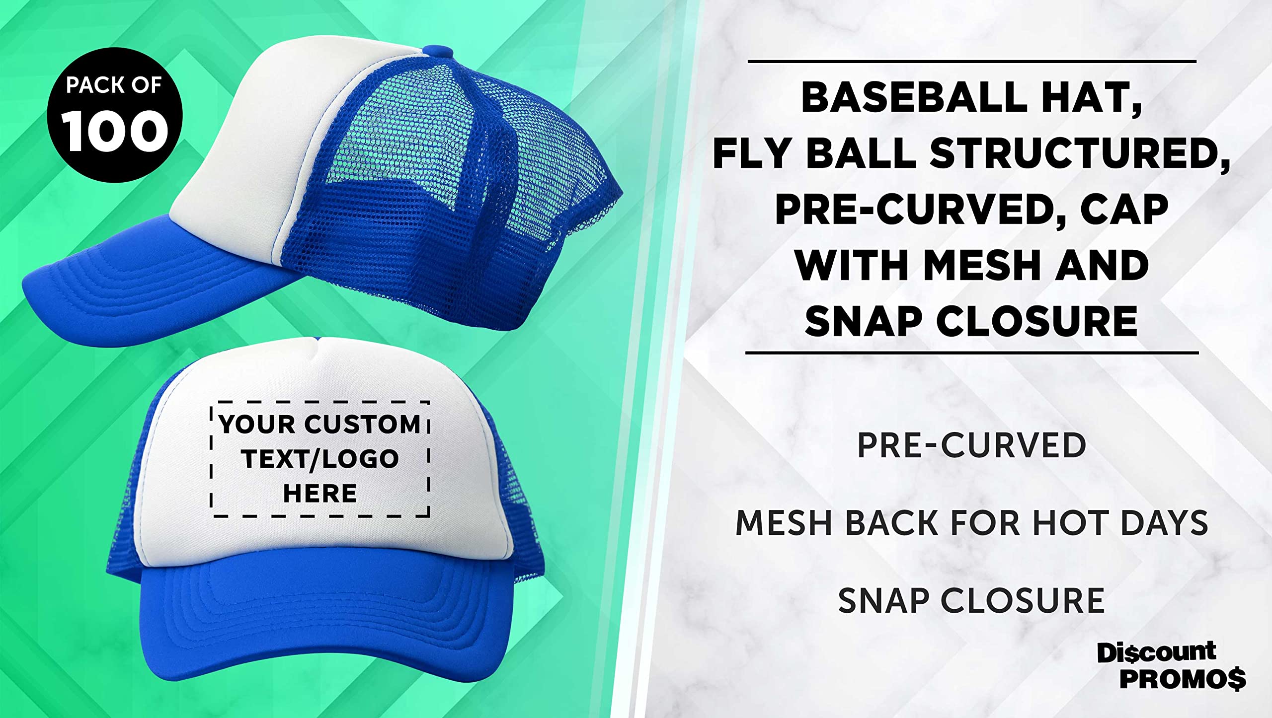 100 Fly Ball Structured Mesh Caps Set - Customizable Text, Logo - Casual, Sporty, Adjustable, Breathable, Comfortable - Blue