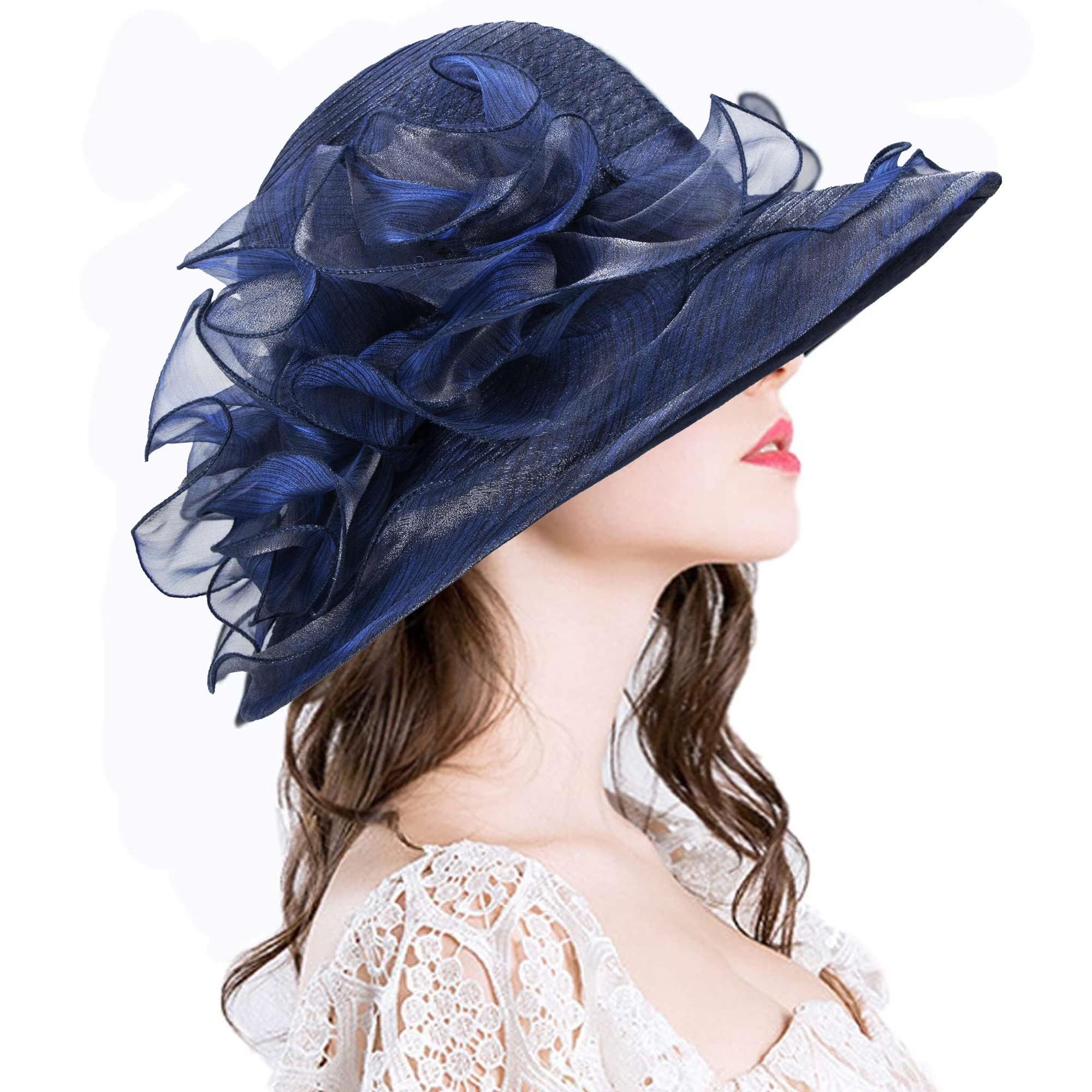 Women Organza Derby Sun Hat,Kentucky Fascinator Cocktail Tea Party Hat Flower Church Wedding Bridal Straw Caps Dark Navy