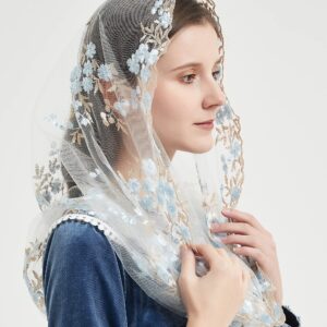 YuRongsxt Lace Infinity Chapel Veil Mantilla Veil Multicolored Embroidered Cherry Blossom Style Latin Mass M7 (Marian Blue+Pale Gold)