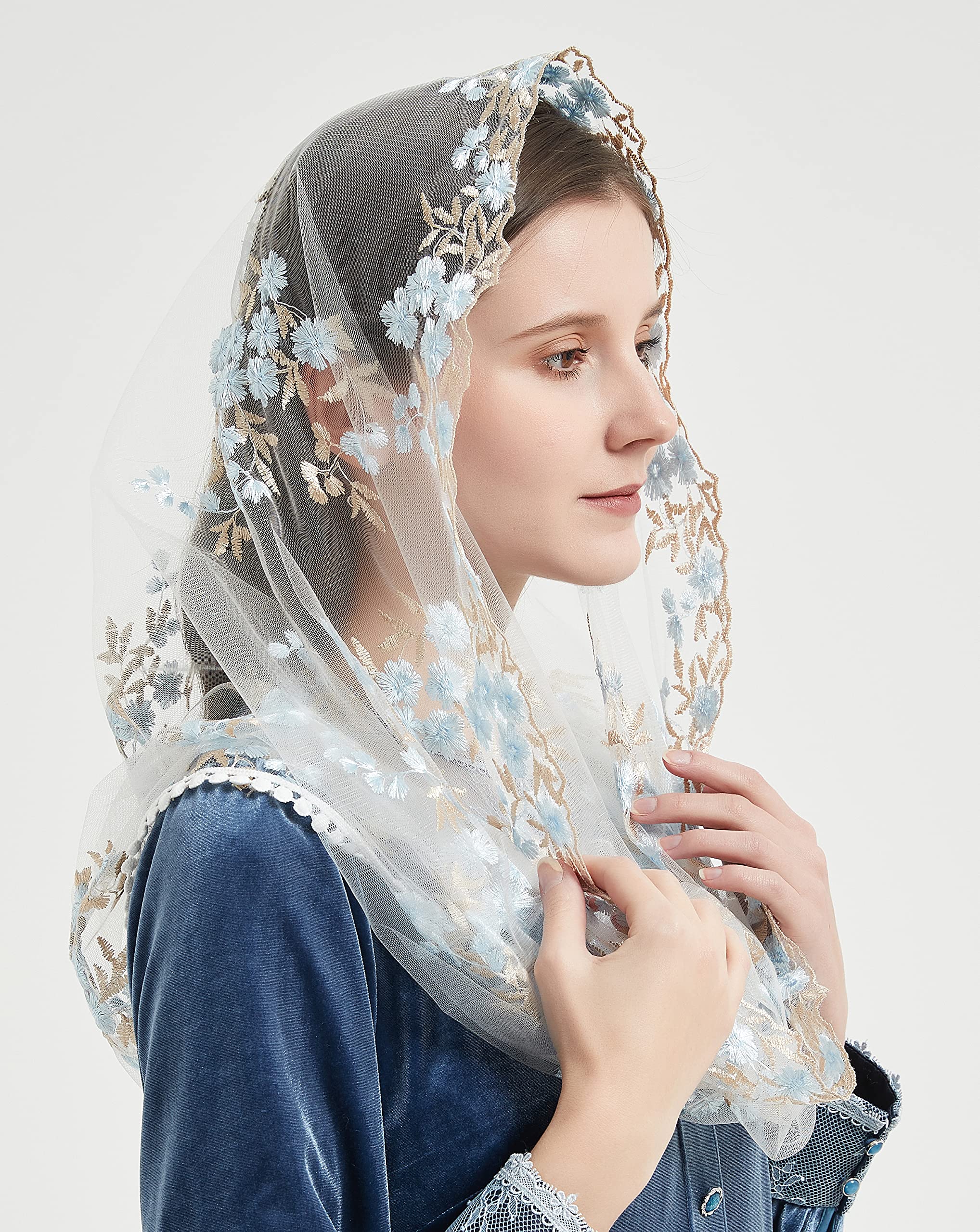 YuRongsxt Lace Infinity Chapel Veil Mantilla Veil Multicolored Embroidered Cherry Blossom Style Latin Mass M7 (Marian Blue+Pale Gold)