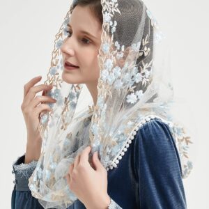 YuRongsxt Lace Infinity Chapel Veil Mantilla Veil Multicolored Embroidered Cherry Blossom Style Latin Mass M7 (Marian Blue+Pale Gold)