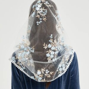 YuRongsxt Lace Infinity Chapel Veil Mantilla Veil Multicolored Embroidered Cherry Blossom Style Latin Mass M7 (Marian Blue+Pale Gold)