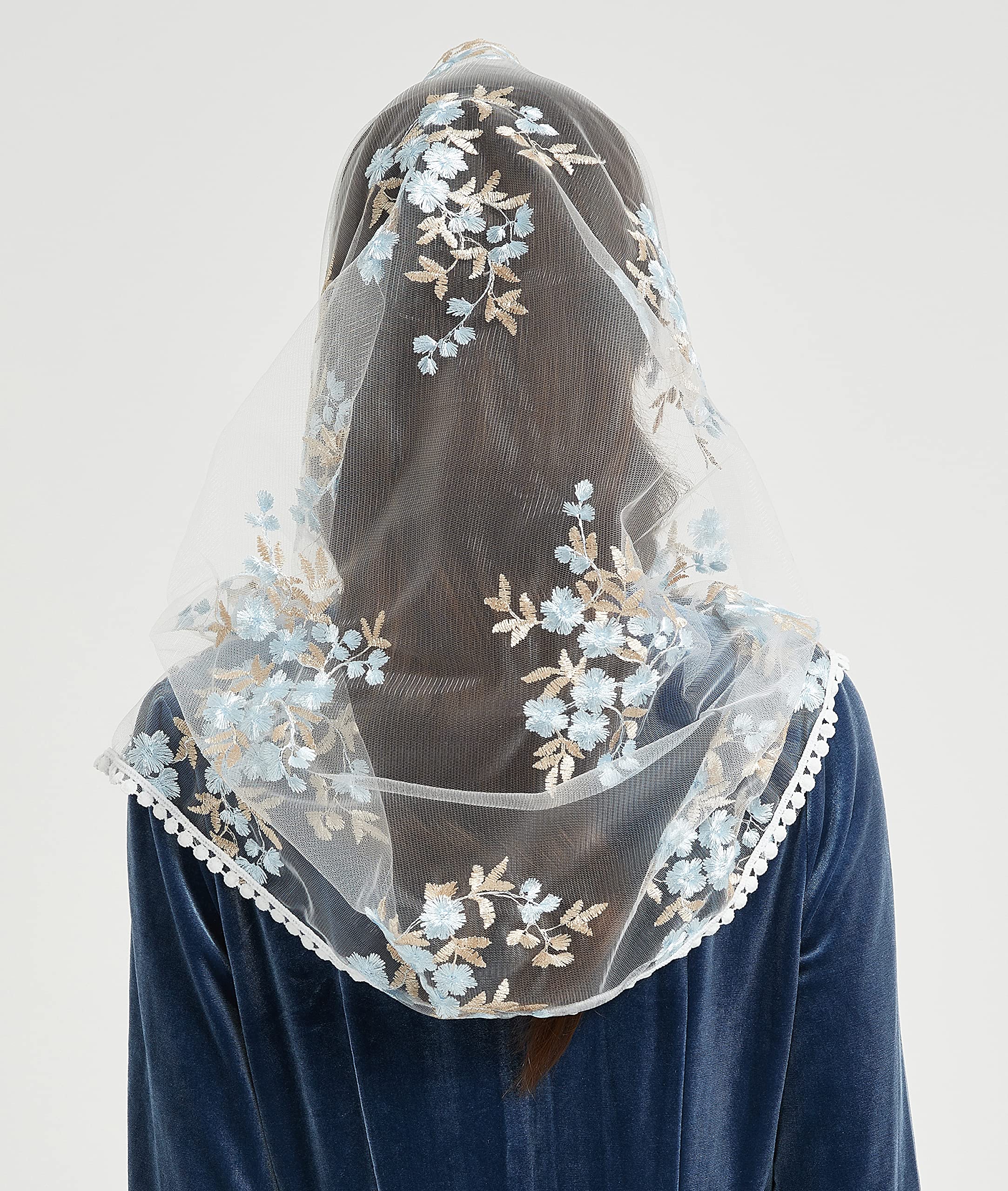 YuRongsxt Lace Infinity Chapel Veil Mantilla Veil Multicolored Embroidered Cherry Blossom Style Latin Mass M7 (Marian Blue+Pale Gold)