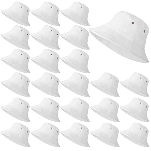 24 Pcs Washed Cotton Bucket Hats Bulk Packable Outdoor Sun Hat Wide Brim Fishing Hat Travel Beach Summer Cap for Men Women (White)