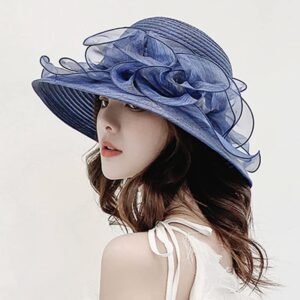 Women Organza Sun-Hats Wide-Brim Church-Hats for Tea Party Bridal Wedding Dress Hat Navy