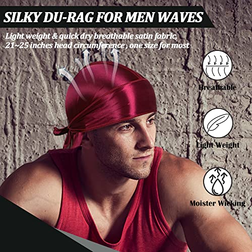 ASKNOTO 9 Pcs Silky Durag with Long Tail for Men, Pack Durags Do rags for 360 Waves