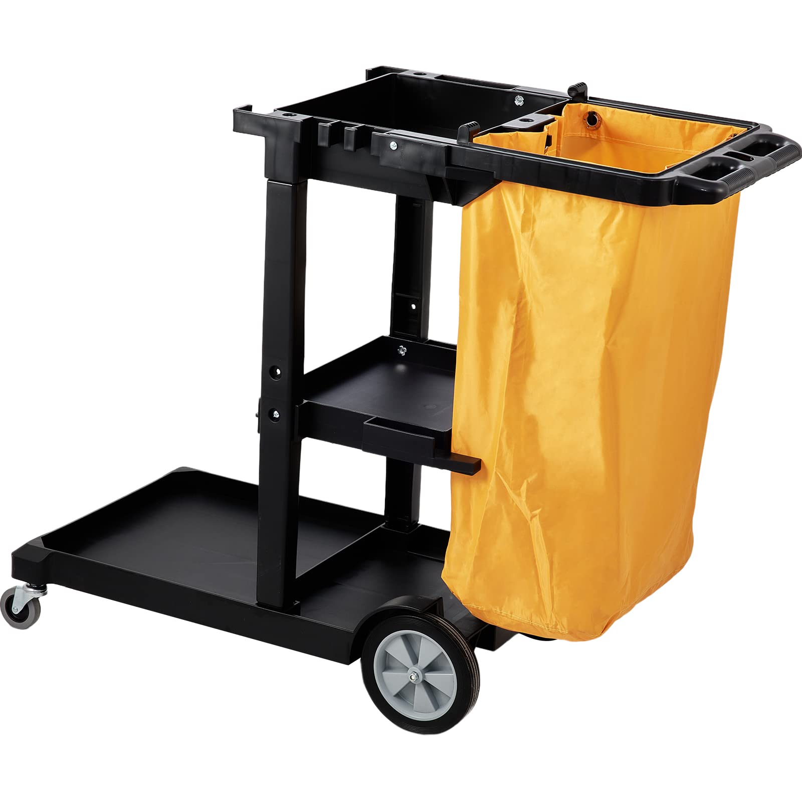 VEVOR Cleaning Cart, 3-Shelf Commercial Janitorial Cart, 200 lbs Capacity Plastic Housekeeping Cart, with 25 Gallon PVC Bag, 47" x 20" x 38.6", Yellow+Black