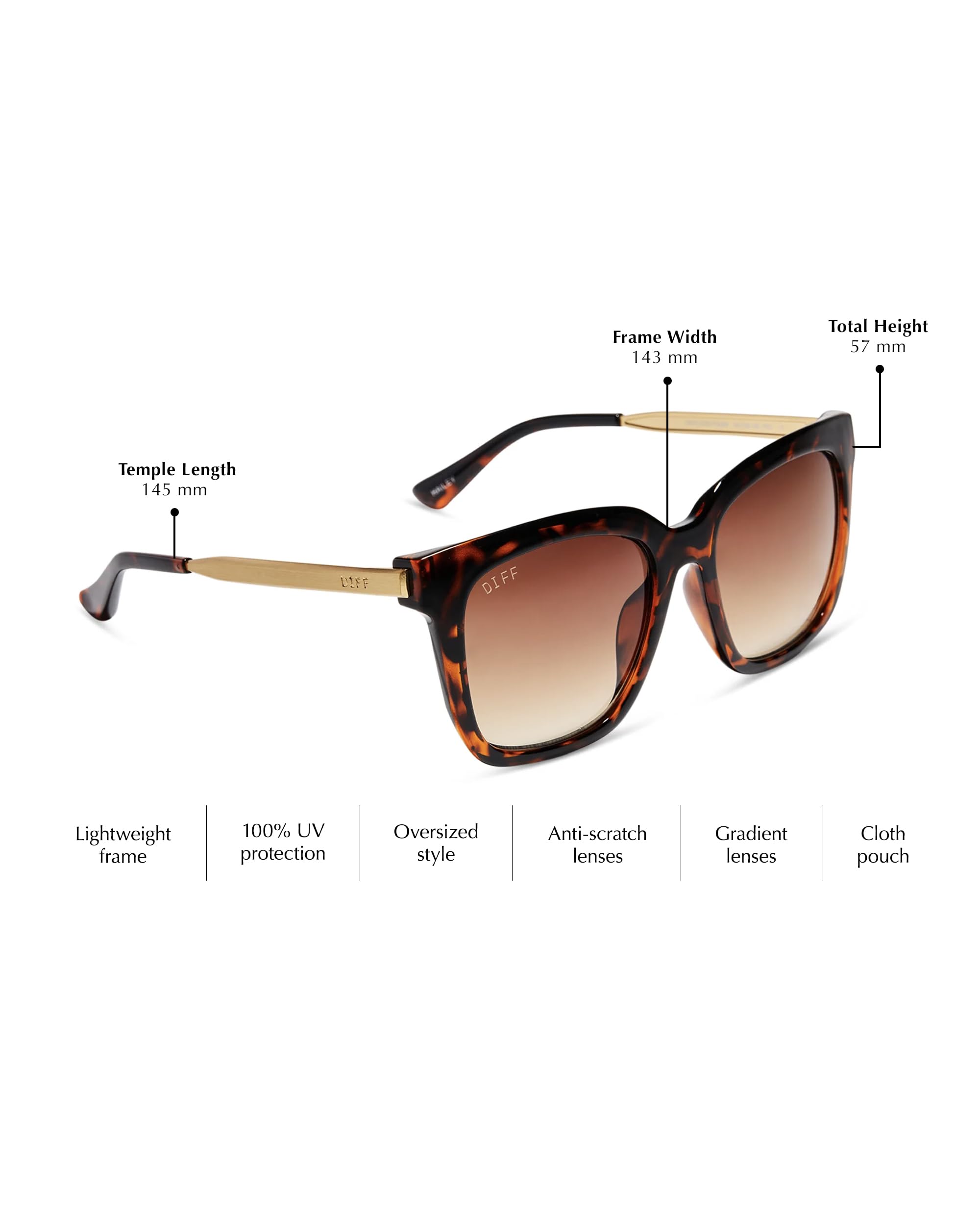 DIFF Hailey oversized lightweight square sunglasses for women UV400 protection, Black Brown Tortoise + Brown Gradient