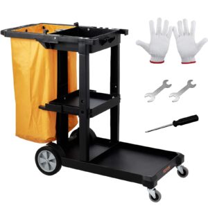 vevor cleaning cart, 3-shelf commercial janitorial cart, 200 lbs capacity plastic housekeeping cart, with 25 gallon pvc bag, 47" x 20" x 38.6", yellow+black