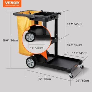 VEVOR Cleaning Cart, 3-Shelf Commercial Janitorial Cart, 200 lbs Capacity Plastic Housekeeping Cart, with 25 Gallon PVC Bag, 47" x 20" x 38.6", Yellow+Black