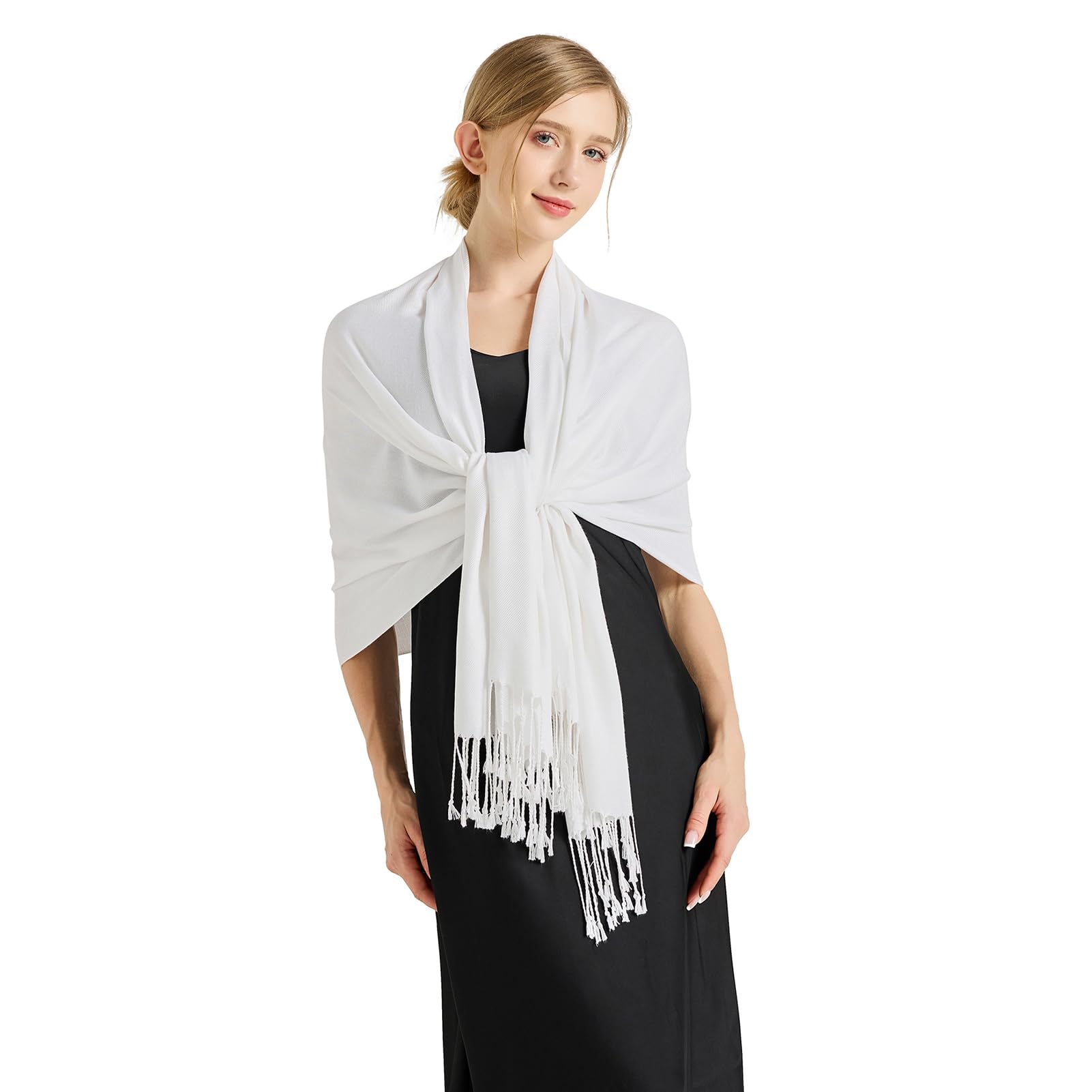 RonFoxi White Silky Pashmina Shawl, Bridesmaid Wedding Shawls and Wraps for Bridal Guest Shawl (US-White)