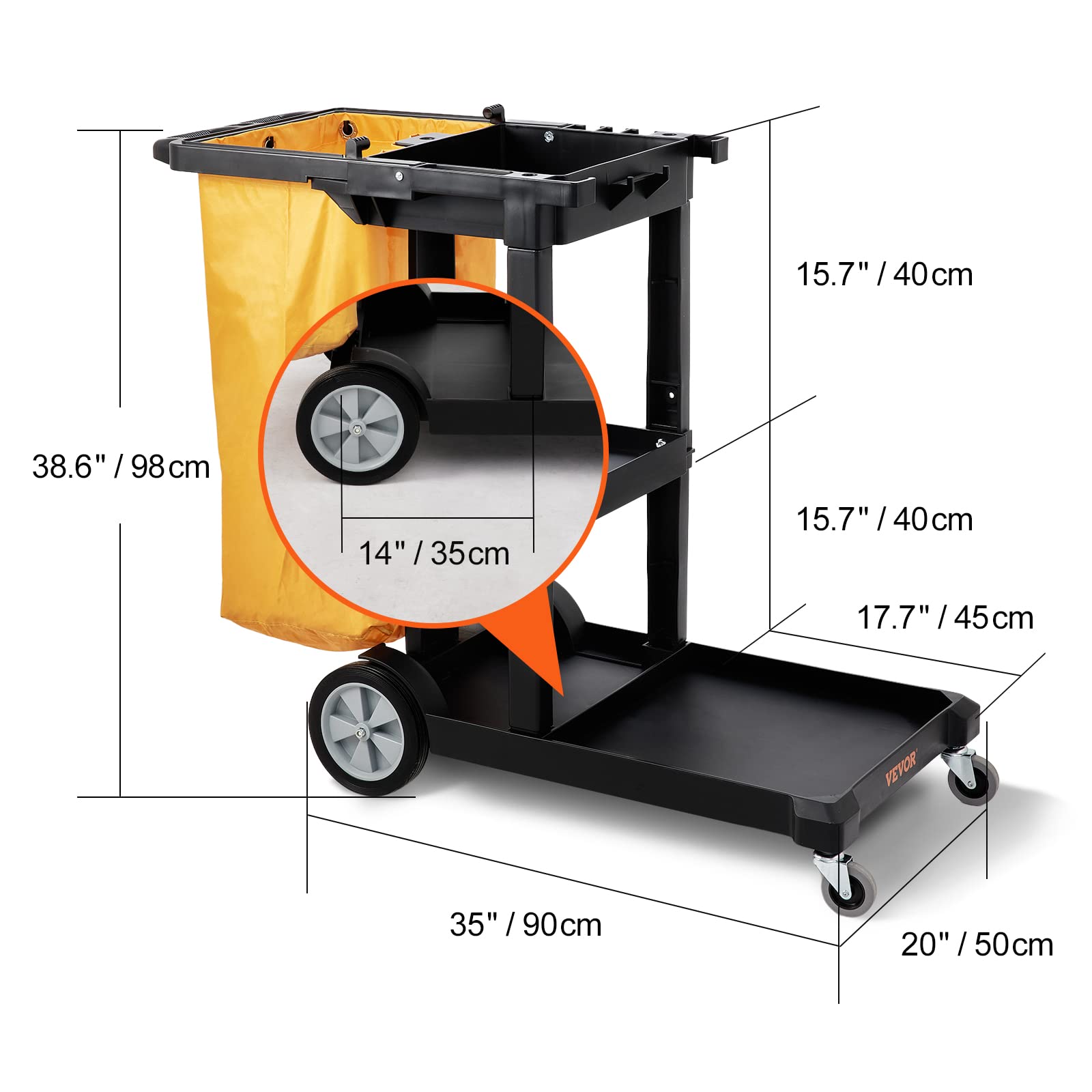 VEVOR Cleaning Cart, 3-Shelf Commercial Janitorial Cart, 200 lbs Capacity Plastic Housekeeping Cart, with 25 Gallon PVC Bag, 47" x 20" x 38.6", Yellow+Black