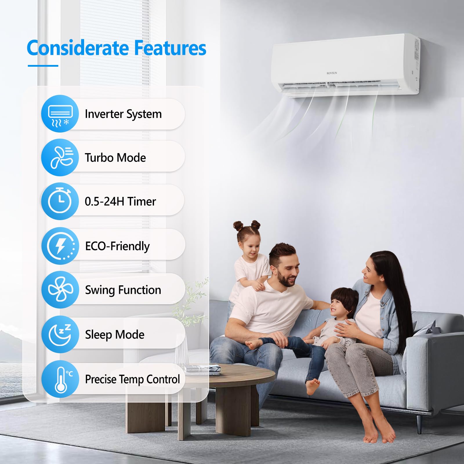 ROVSUN 9000BTU Wifi Enabled Mini Split Air Conditioner & Heater, 19 SEER 115V Energy Saving Inverter Ductless Wall AC Unit with Pre-Charged Condenser, Heat Pump & Installation Kit