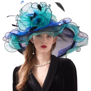 TLMNU Women Derby Church Hat Organza Flower Wedding Tea Party Fascinator Hat Wide Brim Sun Hat 01Green,Blue