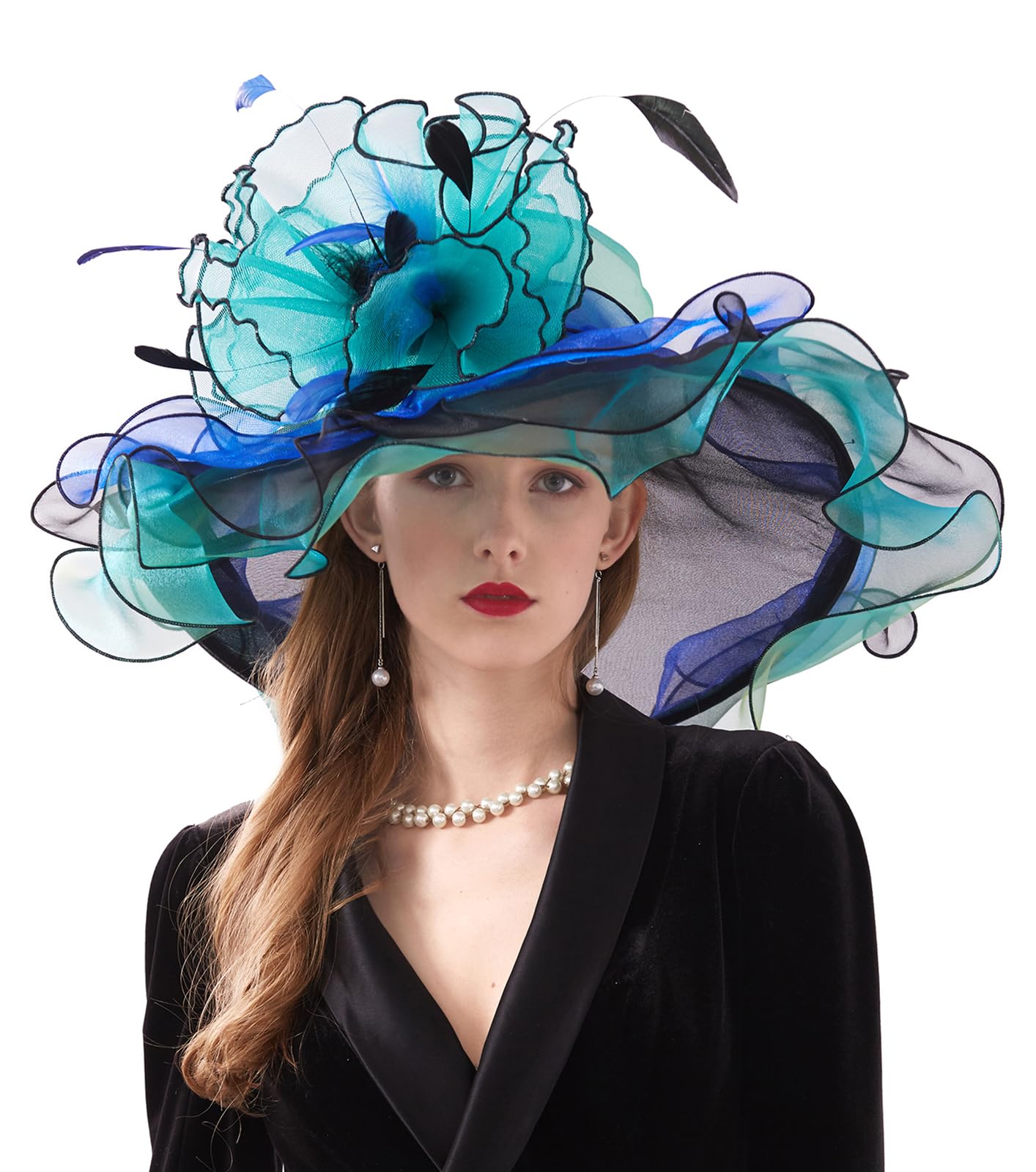 TLMNU Women Derby Church Hat Organza Flower Wedding Tea Party Fascinator Hat Wide Brim Sun Hat 01Green,Blue