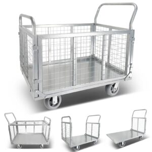 platform truck cart with cage 4-in-1 heavy duty push cart dolly load 1800lbs w/swivel casters, multipurpose heavy-duty platform hand truck dolly flatbed cart for grocery/stall/storage (39" x24")