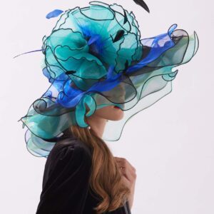 TLMNU Women Derby Church Hat Organza Flower Wedding Tea Party Fascinator Hat Wide Brim Sun Hat 01Green,Blue