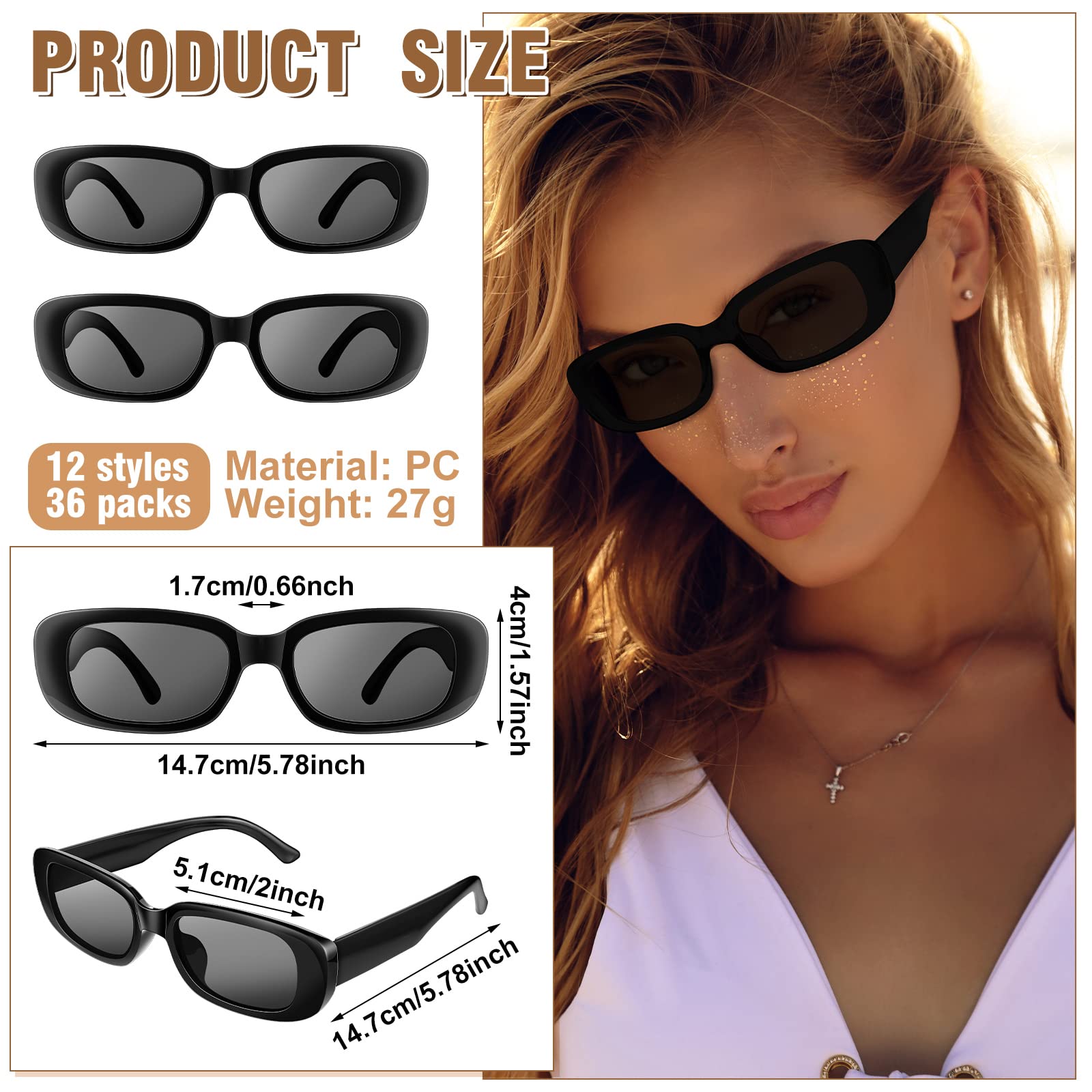 36 Pcs Womens Rectangle Sunglasses Retro Trendy Glasses Vintage Sunglasses Driving Sunglass 90s Eyewear for Girl Men(Black)