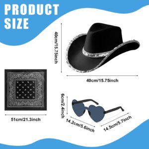 18 Pieces Cowboy Hat with Heart Sunglasses and Paisley Bandanna Set for Women Teens (Black, Glitter Style)