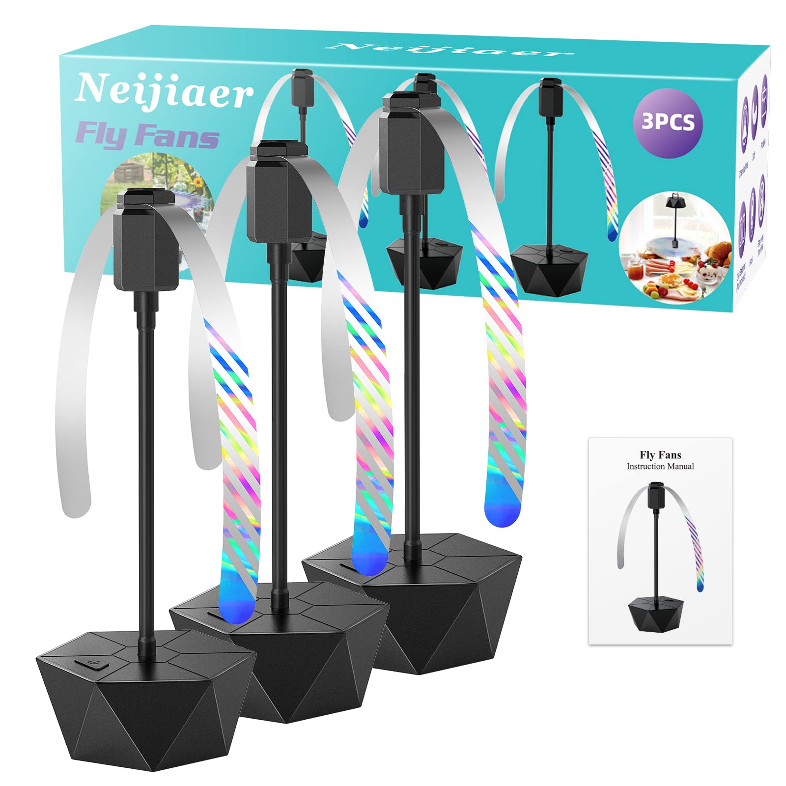 Neijiaer Fly Fans for Tables, Practical Fly Repellent Fan with Soft Blades, Soundless and Portable Fly Fan Keeps Your Food Clean(3 Pack)