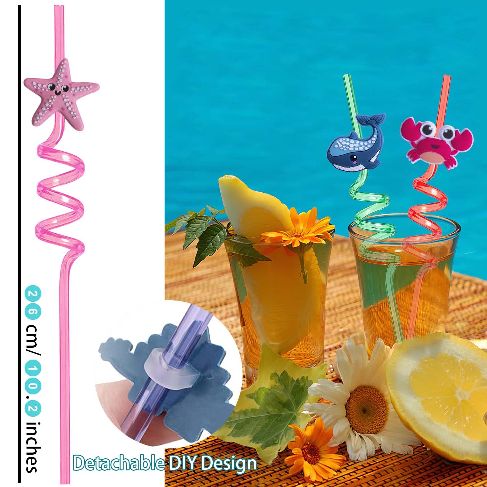 Reusable Sea Animal Straws for Sea Party Favors, 16 PCS Plastic Ocean Creature Drinking Straws Silly Swirly Straws for Kids Party Decorations Beach Ocean Themed Party Supplies with 2 Clean Brushes