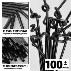 SONGNASS 100PCS Black Flexible Plastic Straws,Black Disposable Bendy Party Fancy Straws13inch Extra Long Straws Party Decorations