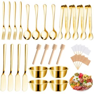 mlurcu cheese butter spreader knives set charcuterie board accessories stainless steel spreader knives forks spoons mini serving tongs small dipping bowls toothpick flags utensils for pastry making