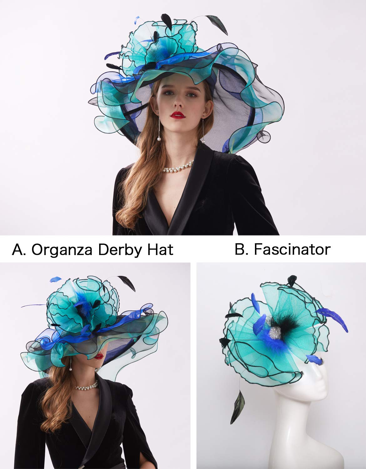 TLMNU Women Derby Church Hat Organza Flower Wedding Tea Party Fascinator Hat Wide Brim Sun Hat 01Green,Blue