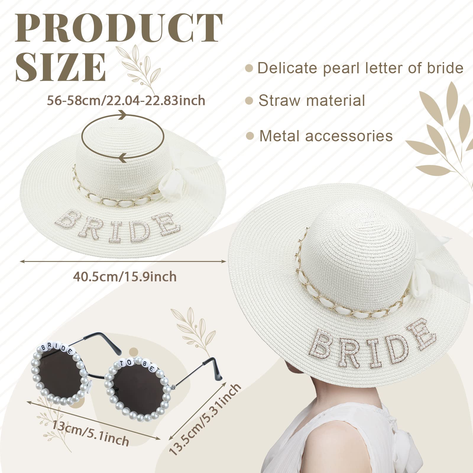 Chunful 3 Pcs Bride Tote Bag Sun Hat Glasses Set Bachelorette Gifts for Bride Jute Burlap Bag with Handles for Honeymoon(White)