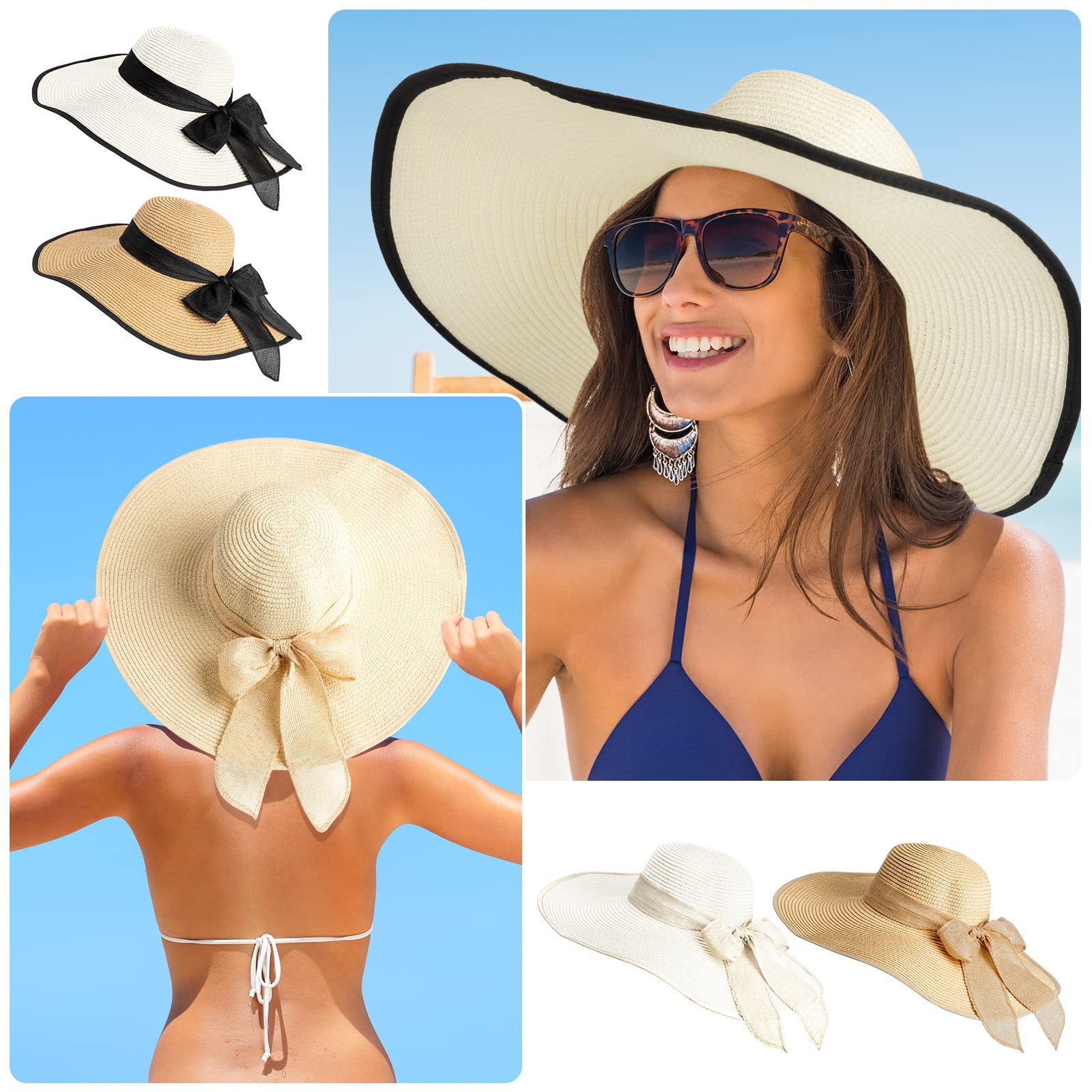 Xtinmee 6 Pcs Summer Women's Big Bowknot Straw Hat Wide Brim Foldable Floppy Hat Adjustable UV Protection UPF 50+ Beach Hat (Light Colors)