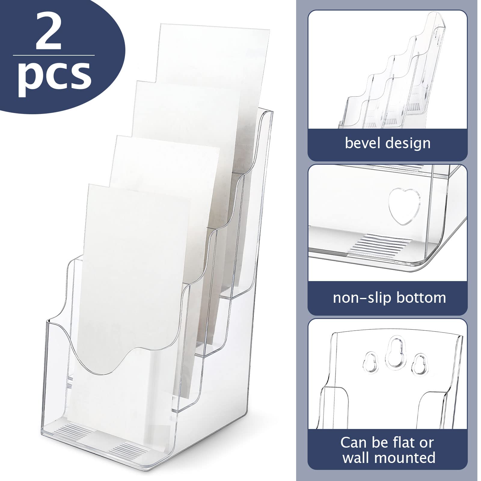 Crtiin 2 Pieces Acrylic Brochure Holder Brochure Display Stand 4 Tier Clear Pamphlet Flyer Holder Acrylic Magazine Holder Clear Acrylic Organizer for Wall Mount or Countertop (4 x 9 Inch)