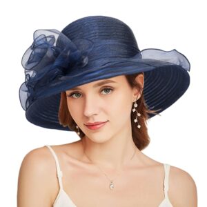 Women Organza Sun-Hats Wide-Brim Church-Hats for Tea Party Bridal Wedding Dress Hat Navy