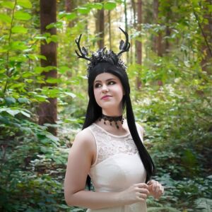 MOSTORY Handmade Black Deer Antlers Headband Gothic Reindeer Horns Elf Crown Dark Woodland Butterfly Headpiece for Women Girls Renaissance Halloween Cosplay Goth Wedding Party